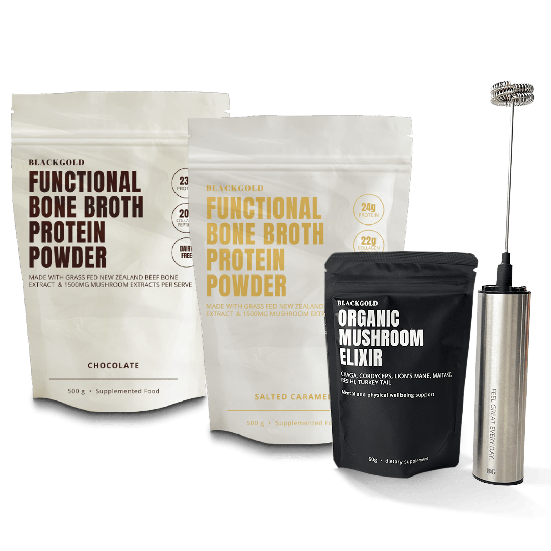 Functional Bone Broth Protein Ultimate Bundle Free Mixer Chocolate Blackgold Elixir Nz 